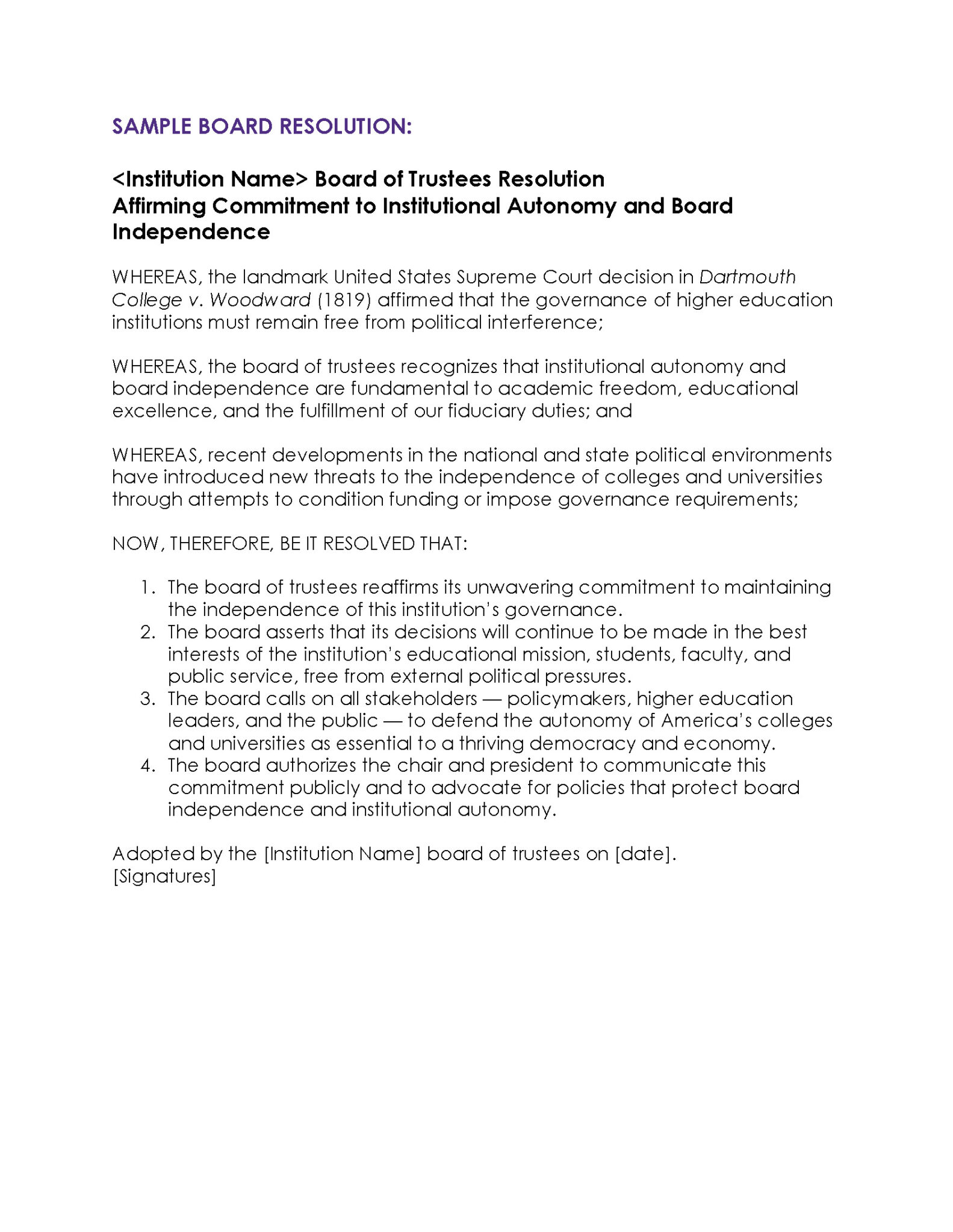 Sample Board Resolution Affirming Commitment to Institutional Autonomy ...